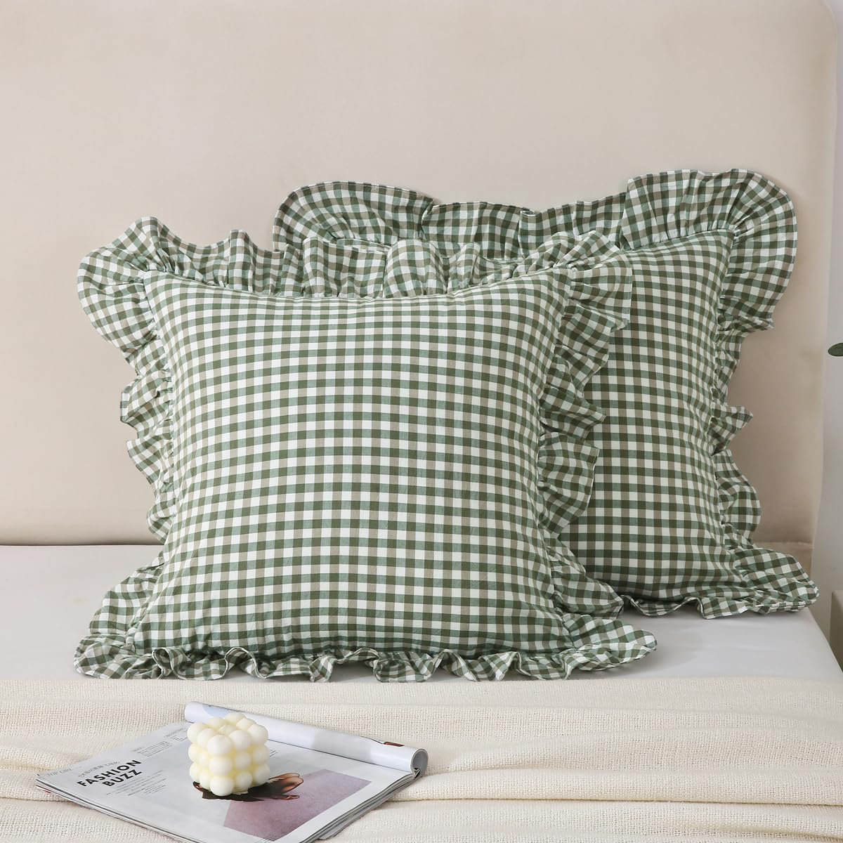FEIYAN 2 Pack Green/White Plaid Ruffle Throw Pillow Covers Farmhouse Checkered Washed Cotton ...
